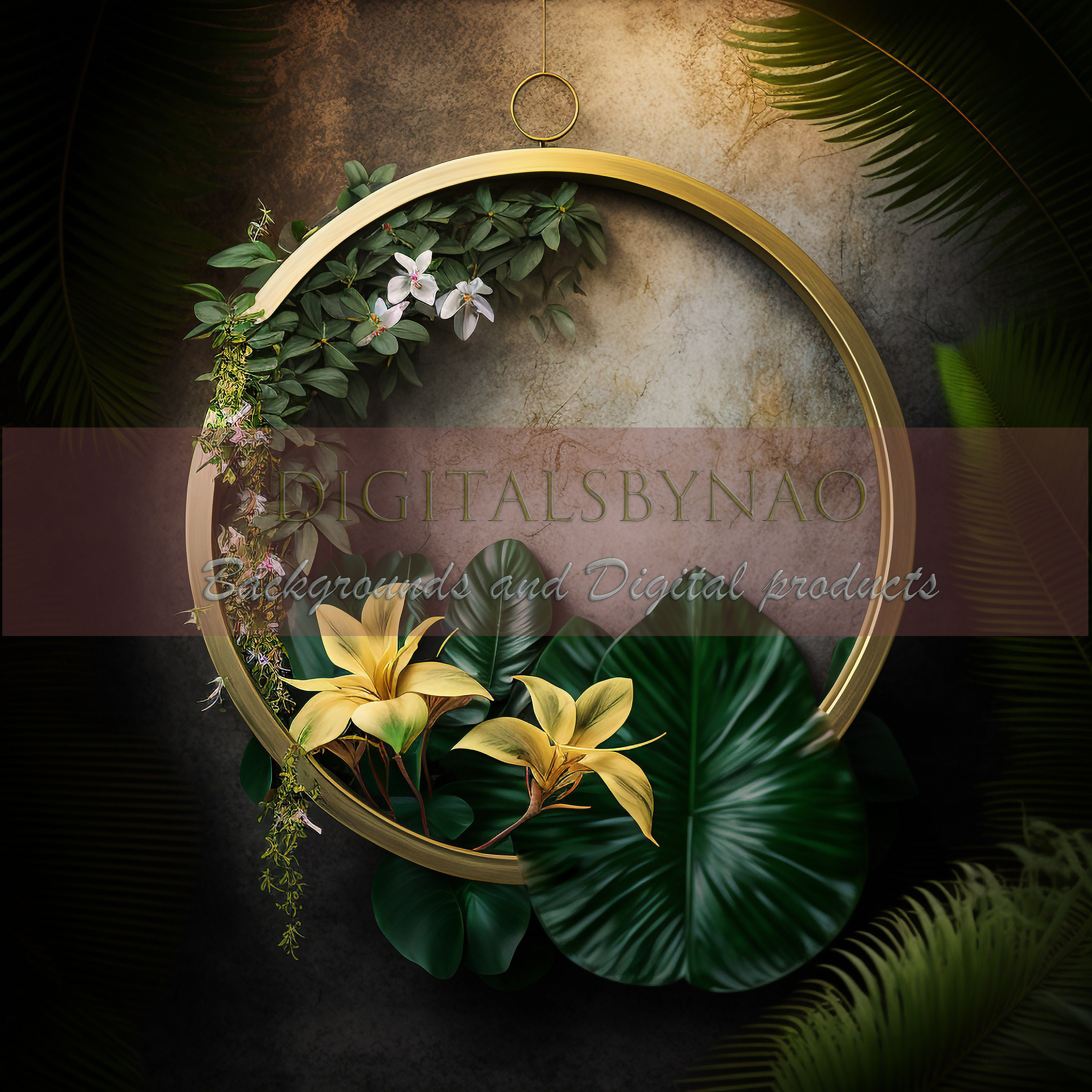 Tropical Flower Ring Digital Backdrop, Floral Hoop Digital Background ...