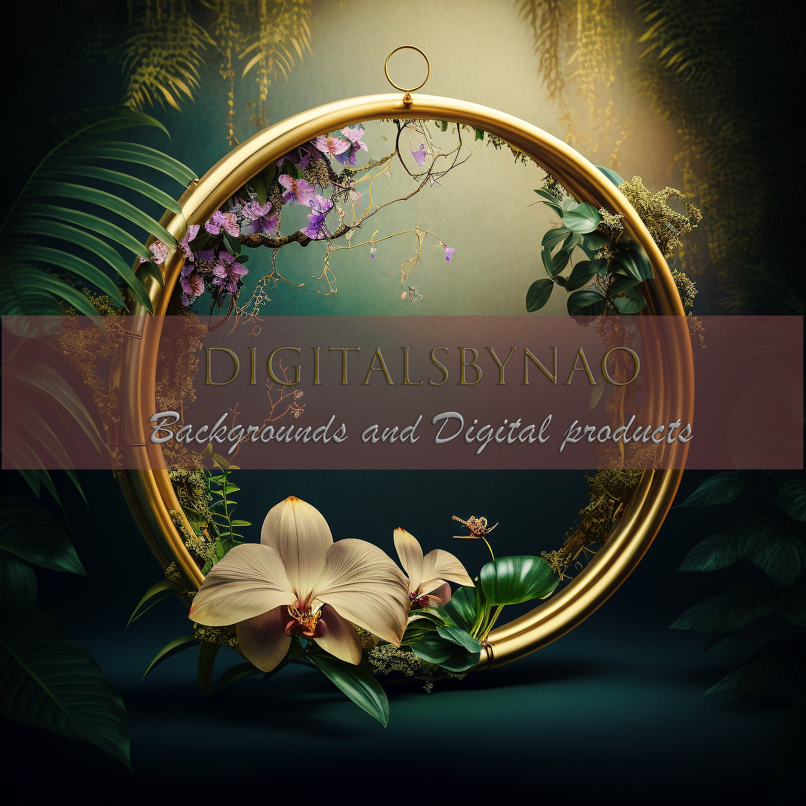 Tropical Flower Ring Digital Backdrop, Floral Hoop Digital Background ...