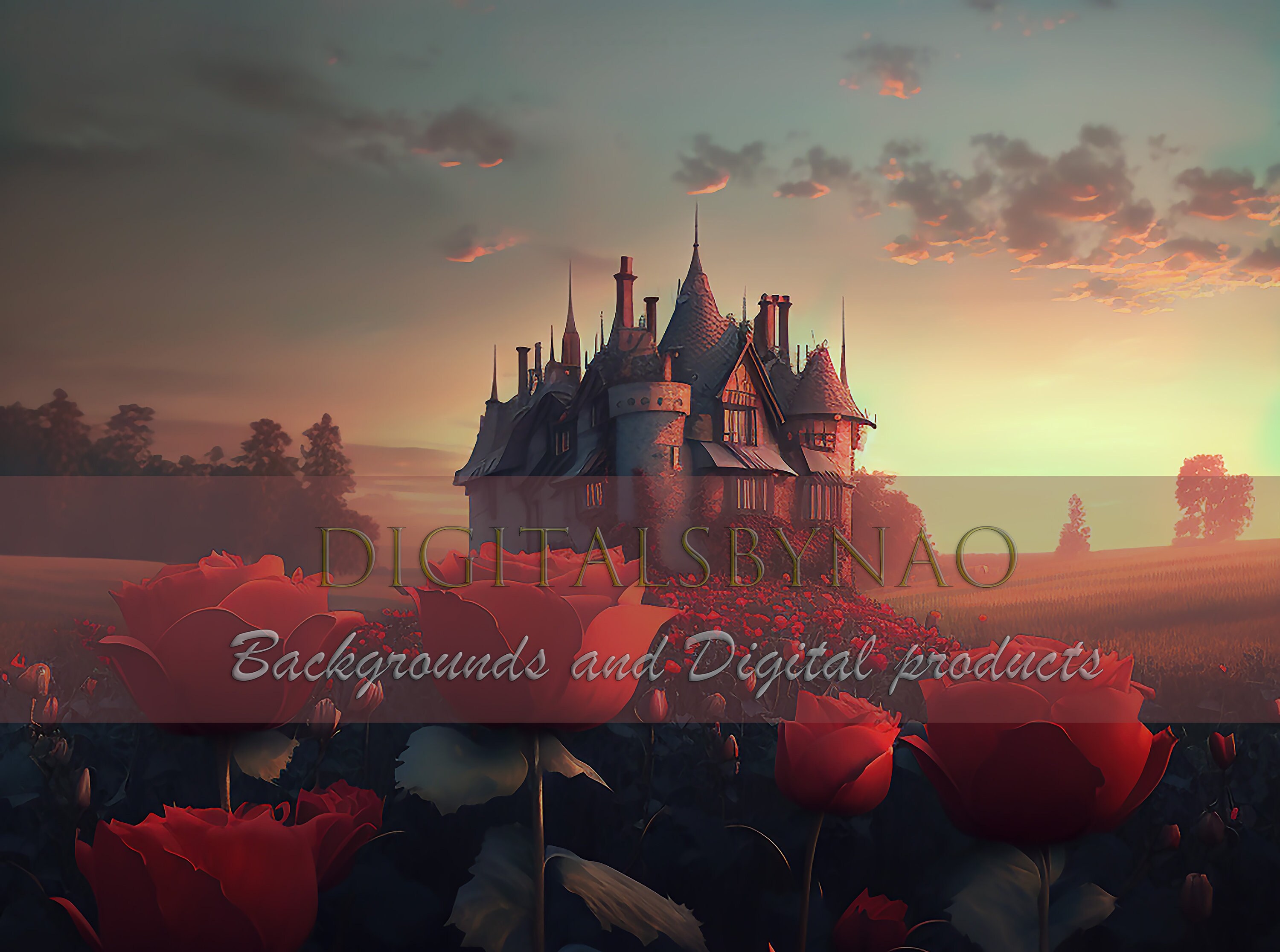 Enchanted Red Roses Fantasy Field and Castle Digital Backdrop ...