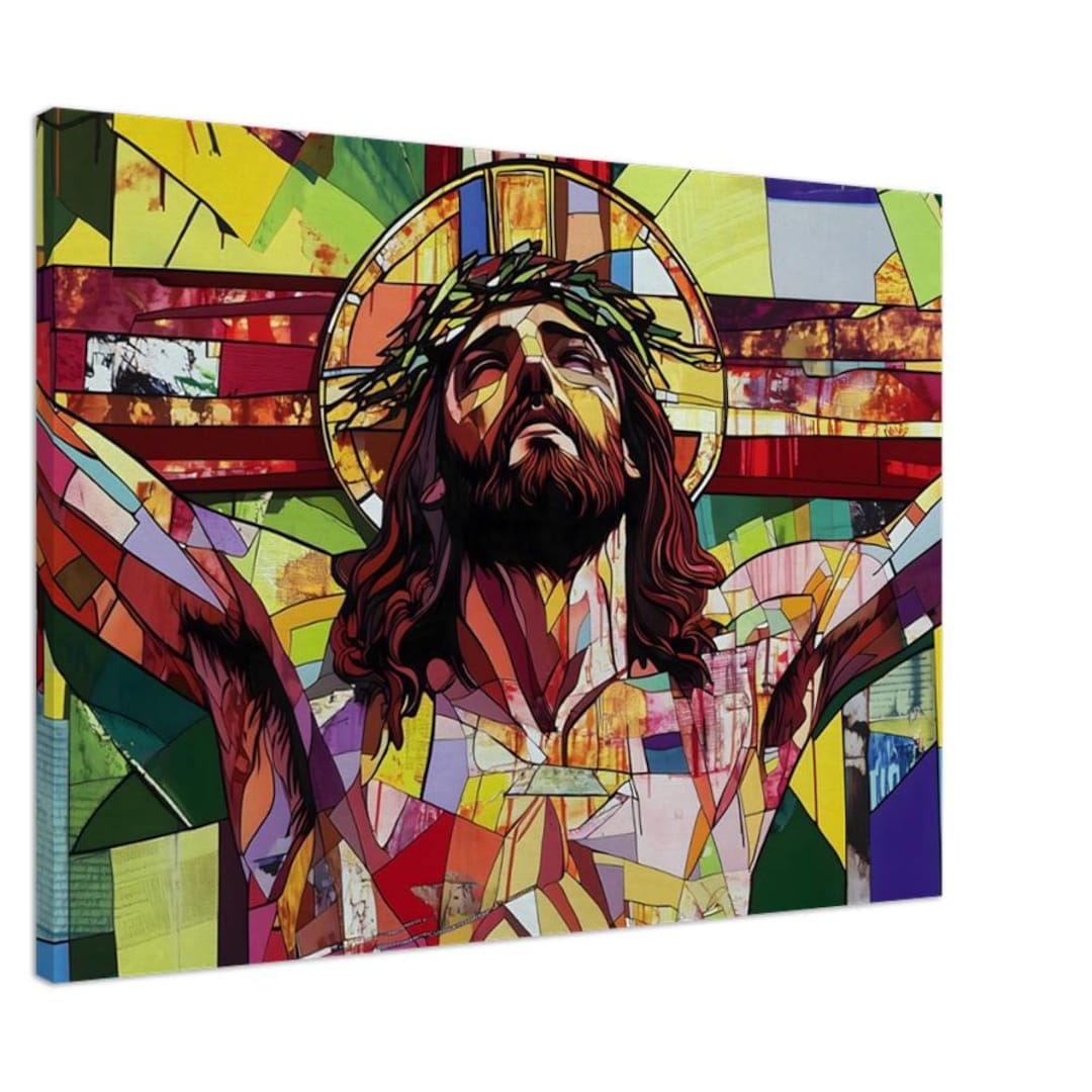 Modern Stained Glass Jesus on the Cross - Museum Grade Christian Canvas ...
