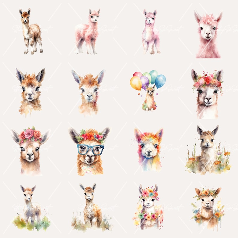 Watercolor Floral Llama Bundle Clipart | PNG | Commercial Use | Instant ...