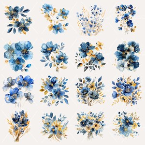 Watercolor Gold and Blue Flowers Clipart Bundle | PNG | Commercial Use ...
