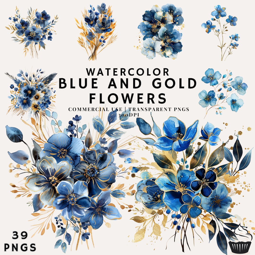 Watercolor Gold and Blue Flowers Clipart Bundle | PNG | Commercial Use ...