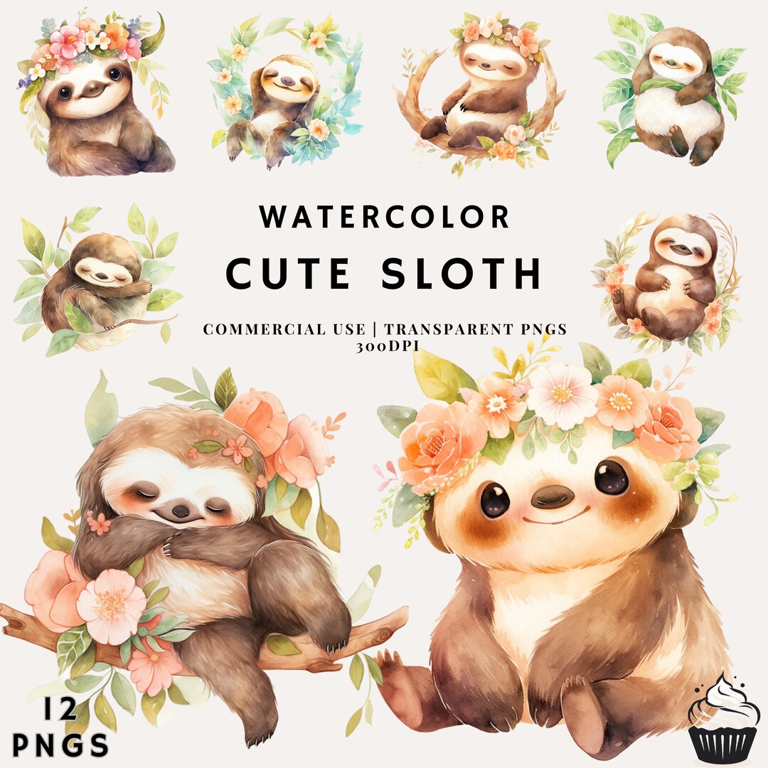 Watercolor Cute Baby Sloth Clipart Bundle | PNG | Commercial Use ...
