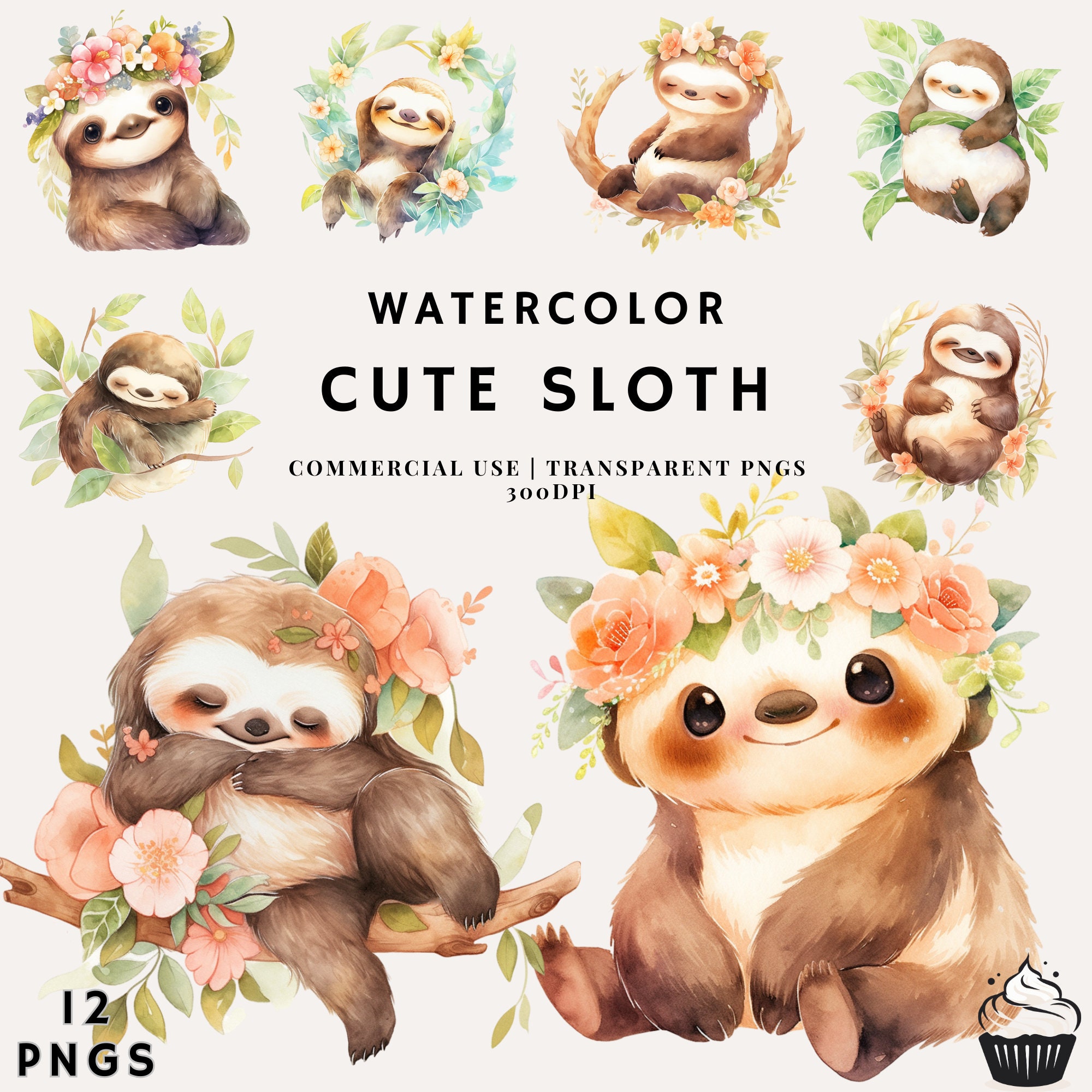 Watercolor Cute Baby Sloth Clipart Bundle | PNG | Commercial Use ...