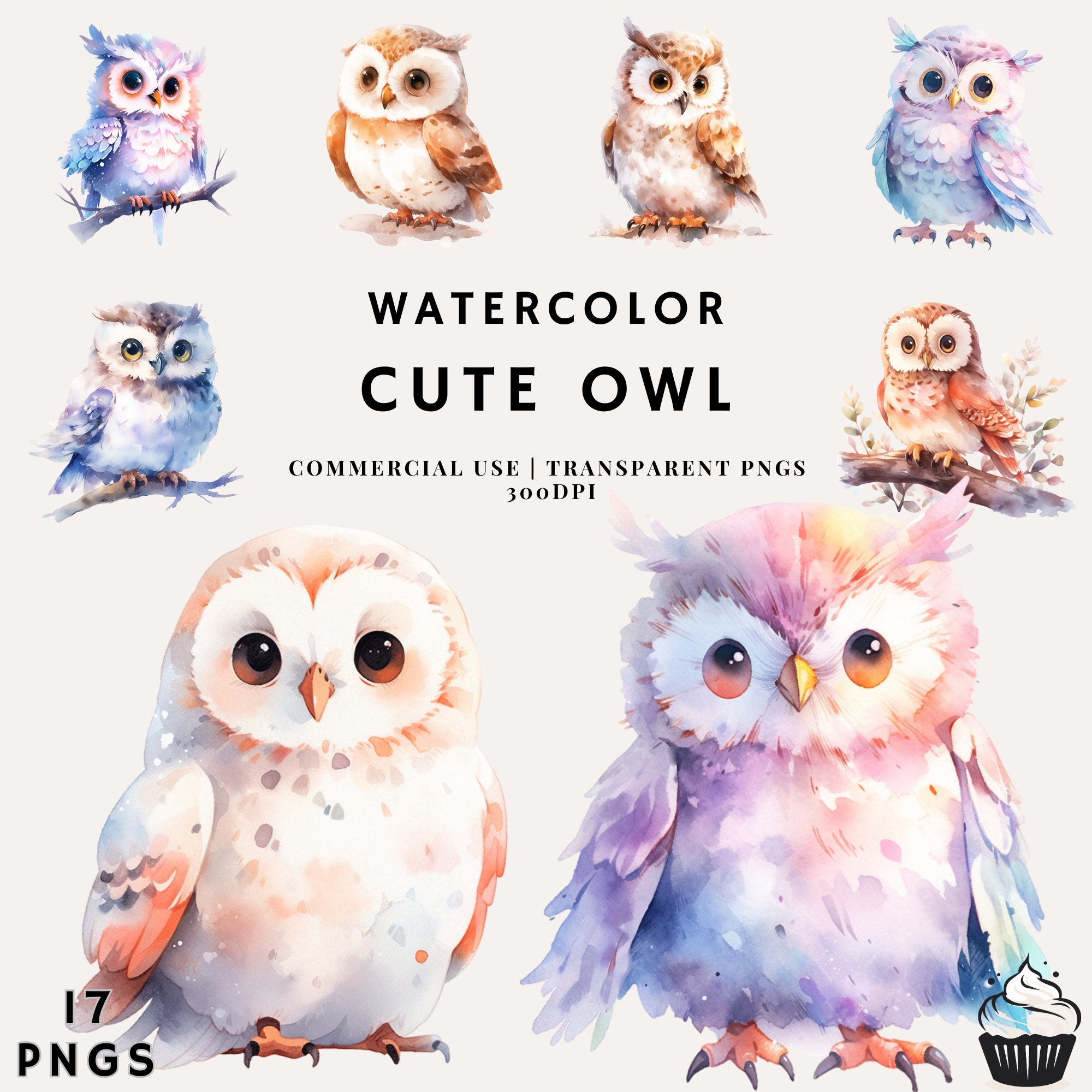 Watercolor Cute Owl Clipart | Fantasy PNG Bundle (commercial Use) - Etsy