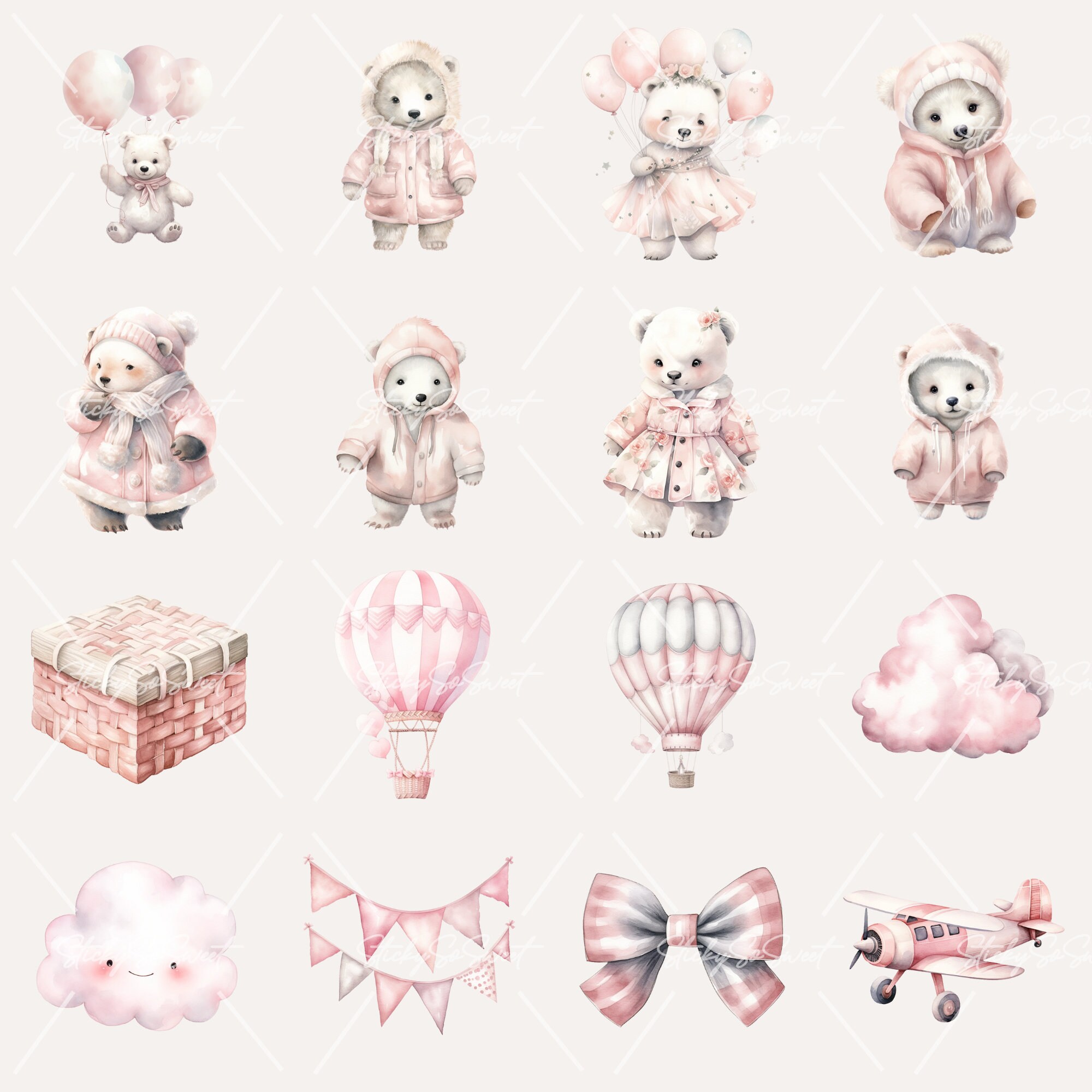 Watercolor Cute Baby Pink Polar Bear Bundle PNG Commercial - Etsy
