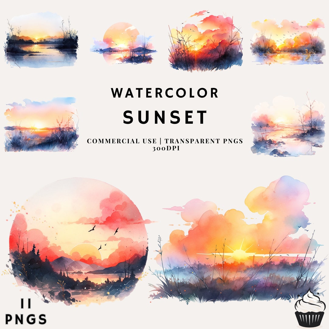 Watercolor Sunset Landscape Clipart Bundle | PNG | Commercial Use ...