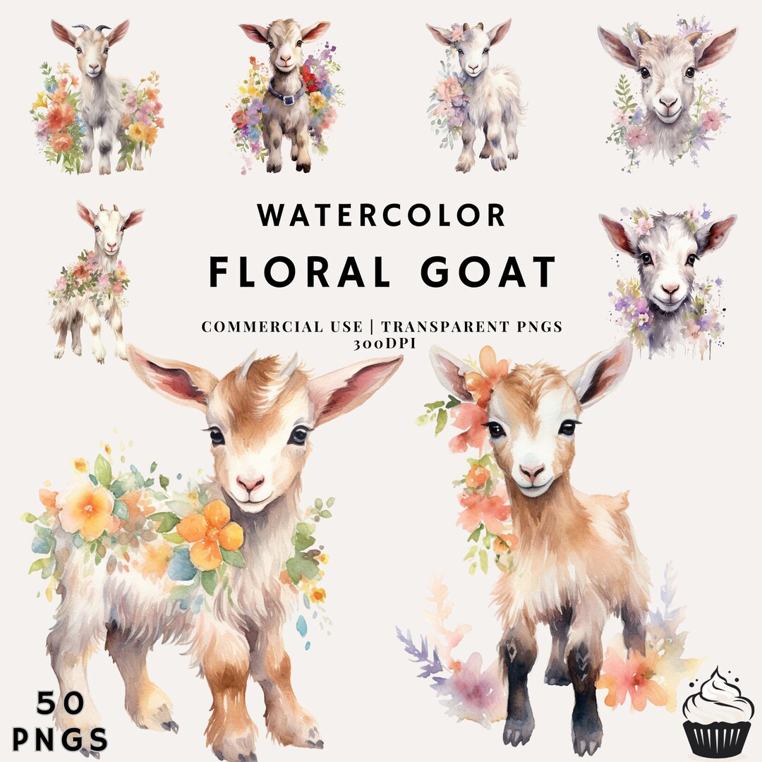 Watercolor Floral Baby Goat Bundle Clipart | PNG | Commercial Use ...