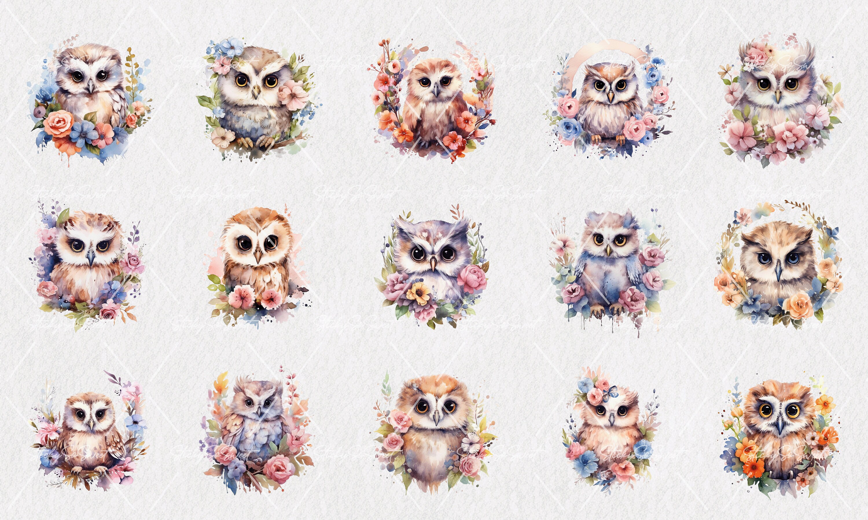 Watercolor Floral Owl Bundle Clipart PNG Commercial Use - Etsy