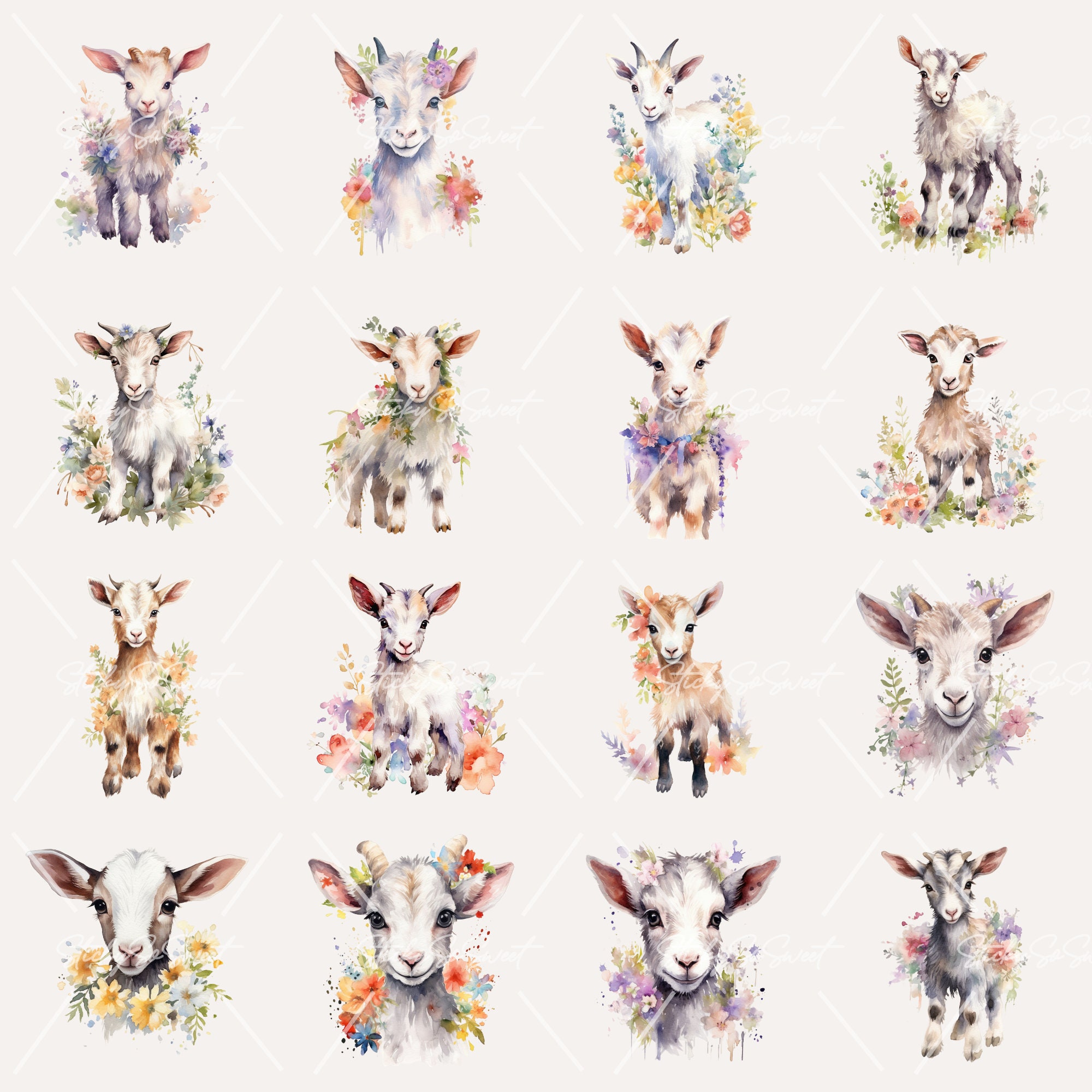 Watercolor Floral Baby Goat Bundle Clipart | PNG | Commercial Use ...