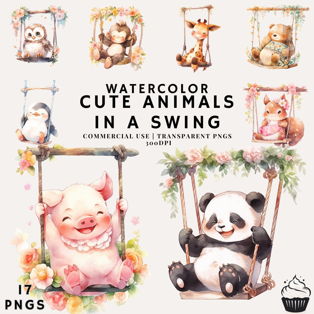 Watercolor Baby Animals on Swing Clipart Bundle (PNG, 300DPI) - Etsy