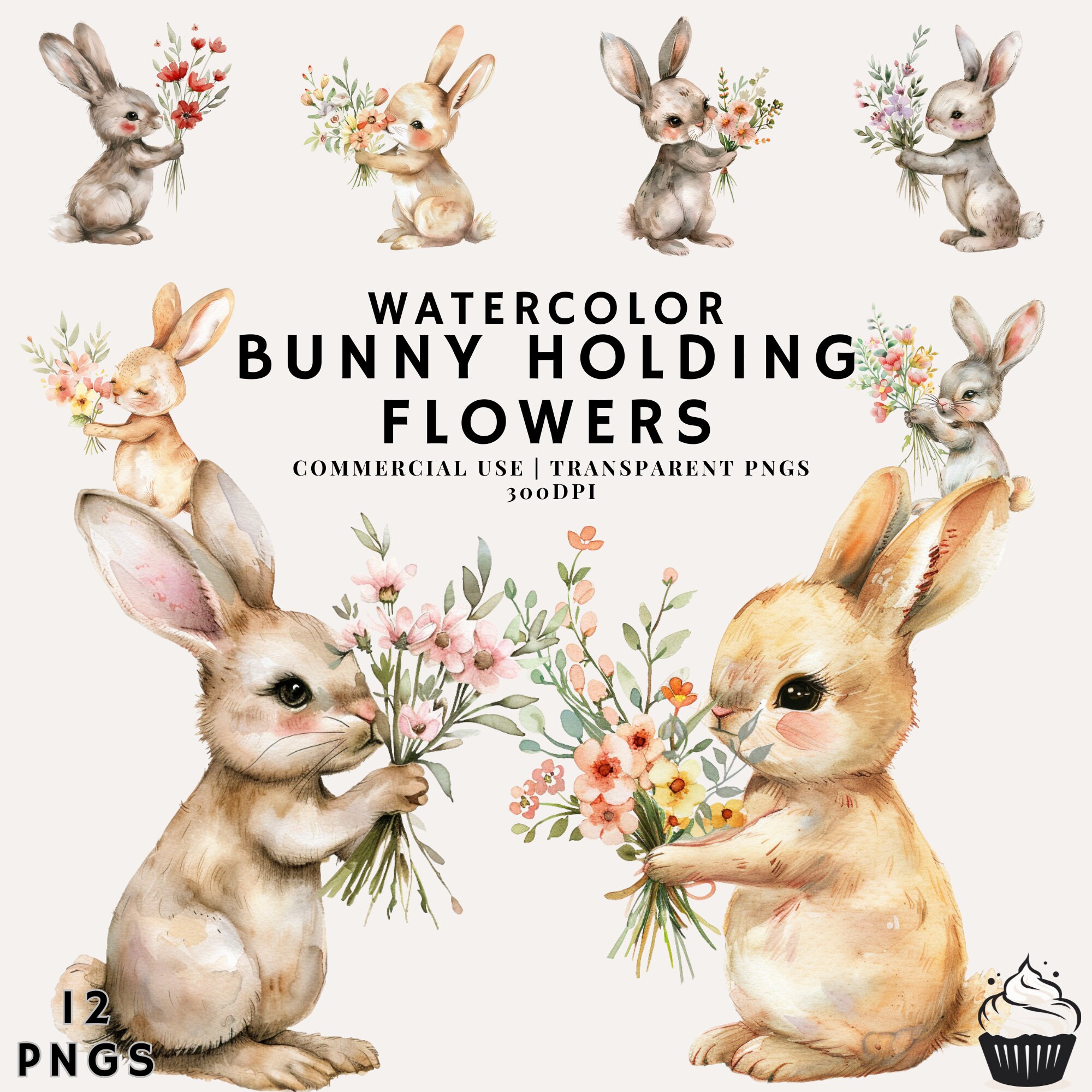 Watercolor Bunny Clipart Bundle | Cute Rabbit With Flowers (PNG ...
