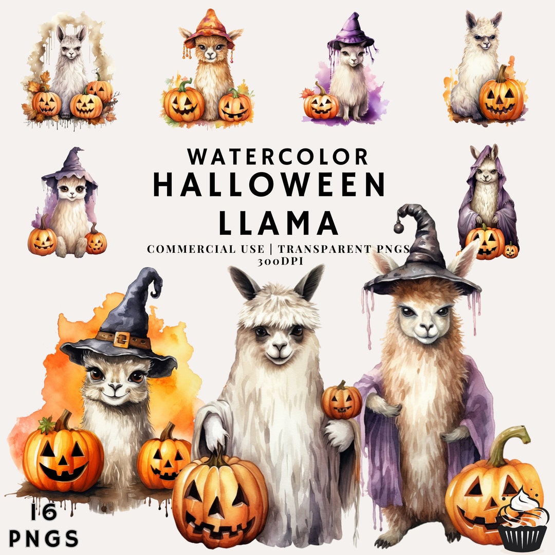 Watercolor Halloween Cute Spooky Llama Clipart Bundle | PNG ...