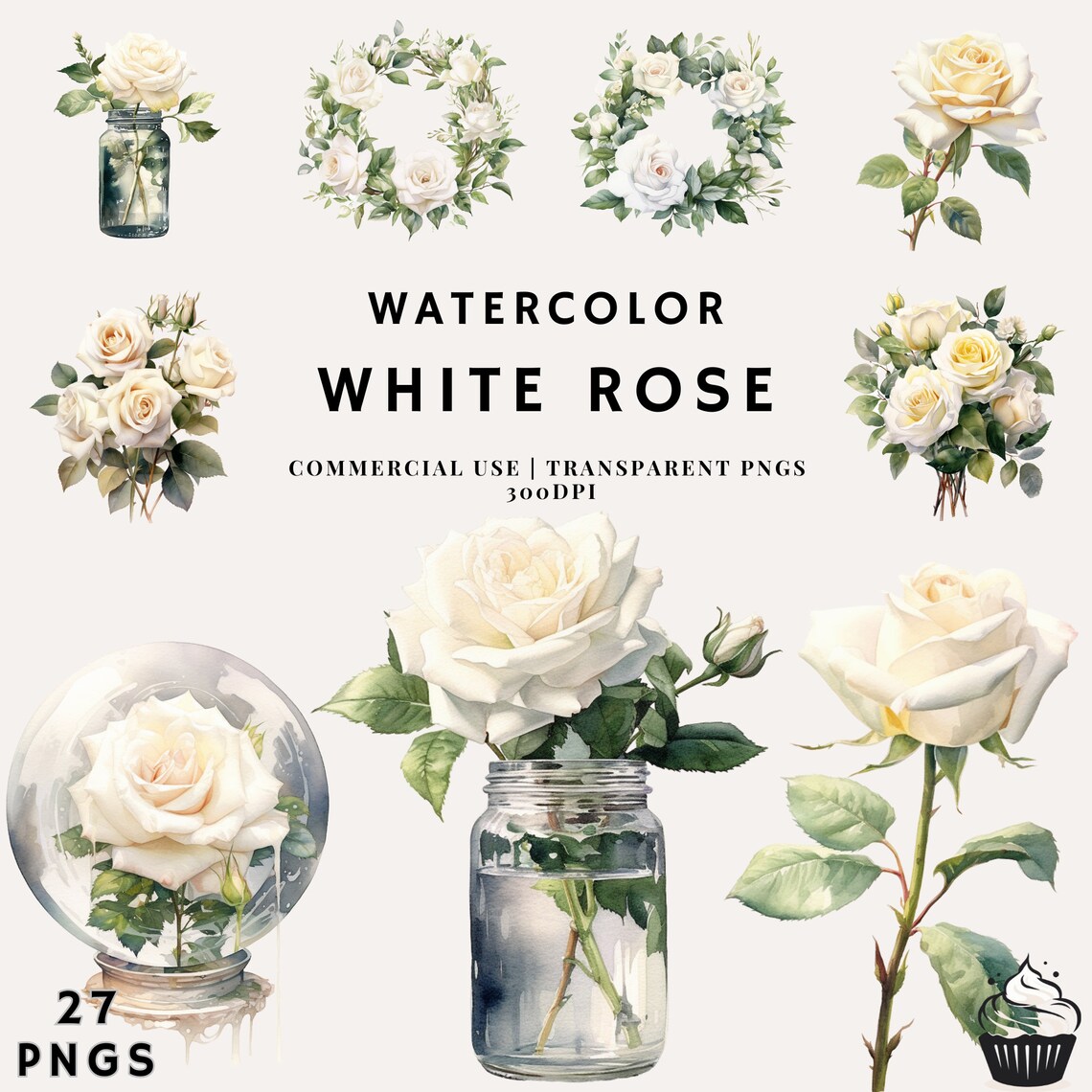 Watercolor White Rose Bundle Clipart | PNG | Commercial Use | Instant ...