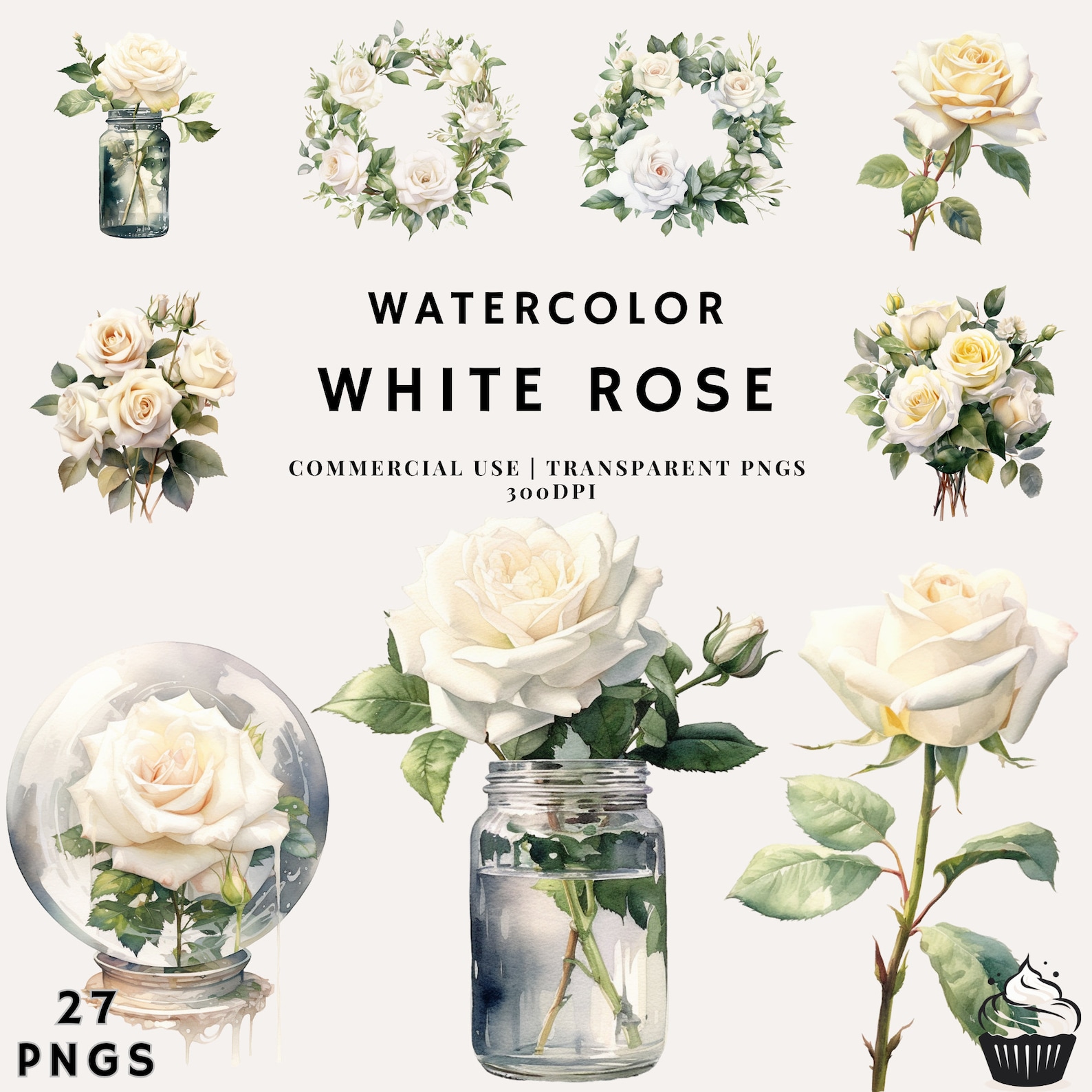 Watercolor White Rose Bundle Clipart | PNG | Commercial Use | Instant ...