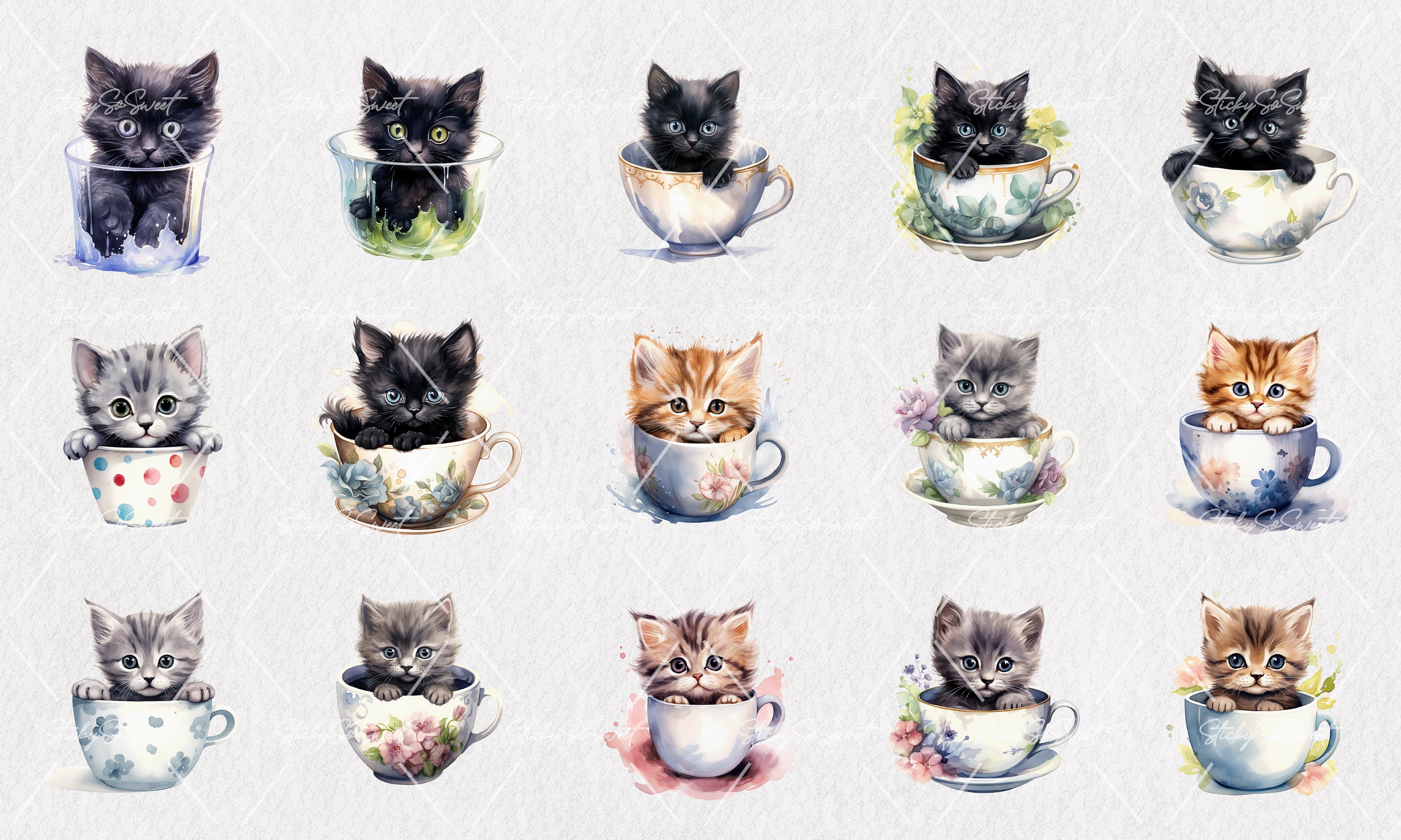 Watercolor Kitten in A Tea Cup Bundle Clipart PNG - Etsy