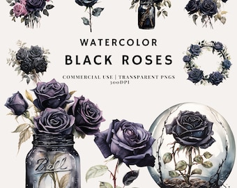 Watercolor Black Rose Clipart Set Black Rose Graphics Gothic Roses ...
