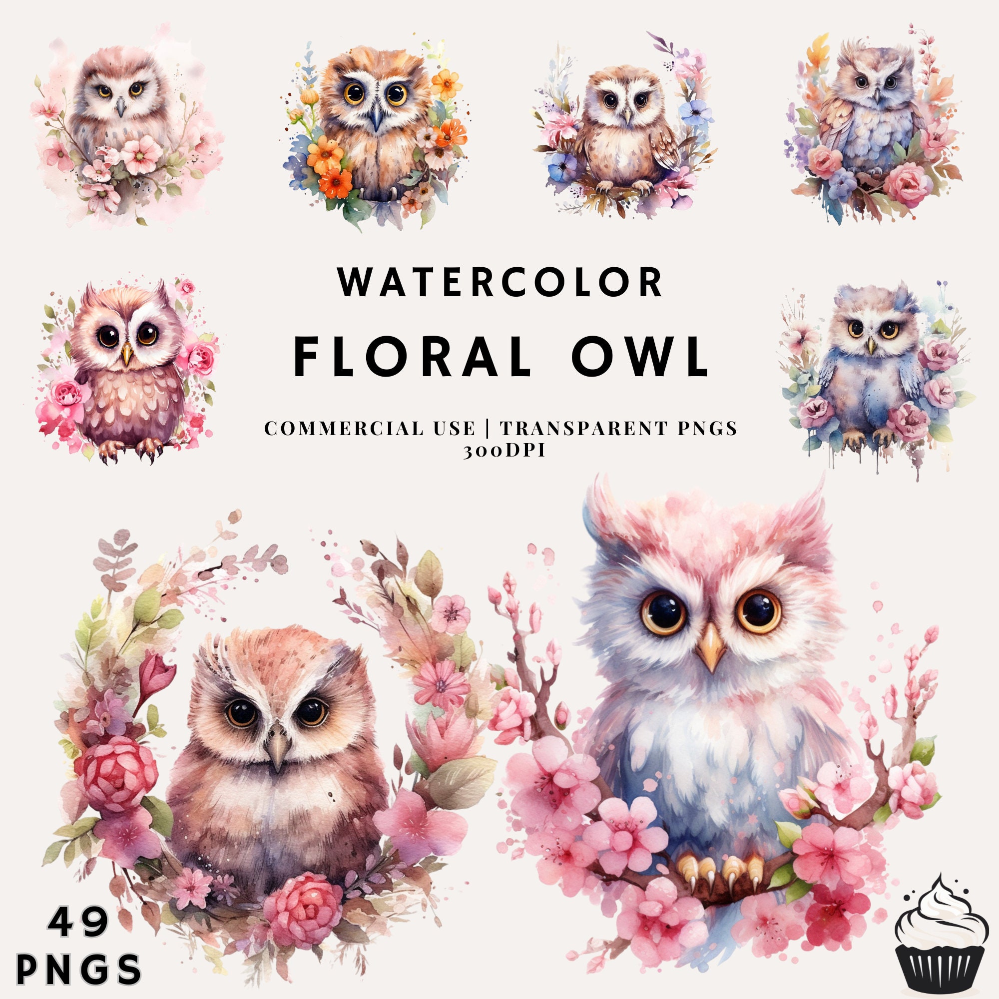 Watercolor Floral Owl Bundle Clipart PNG Commercial Use Instant ...