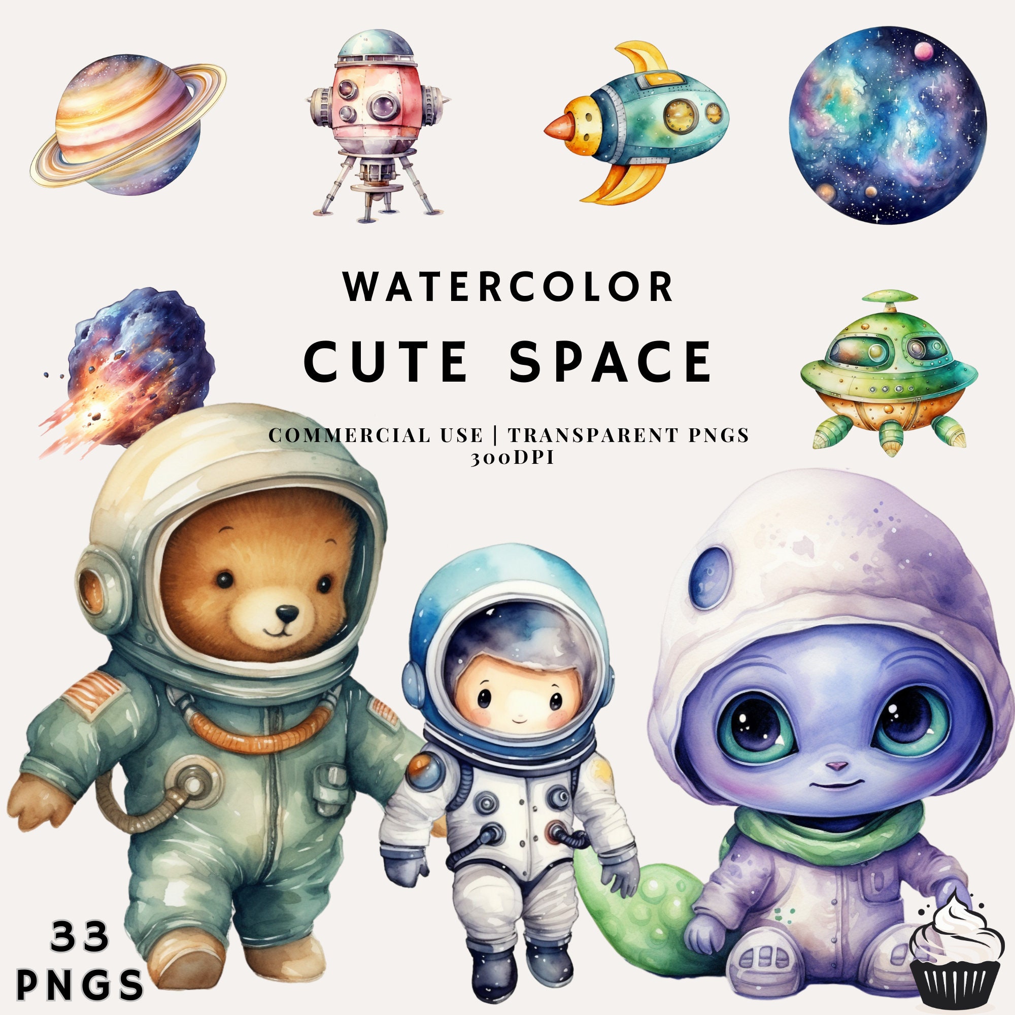 Watercolor Cute Space Astronaut Clipart Bundle PNG - Etsy