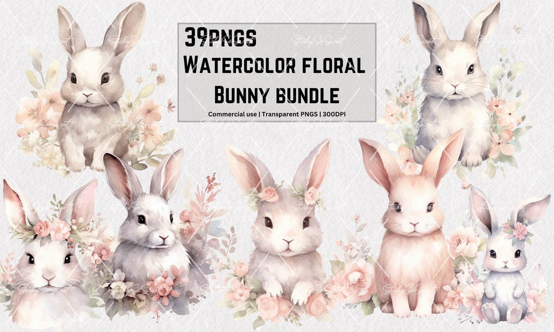Watercolor Floral Bunny Bundle Clipart PNG Commercial Use - Etsy