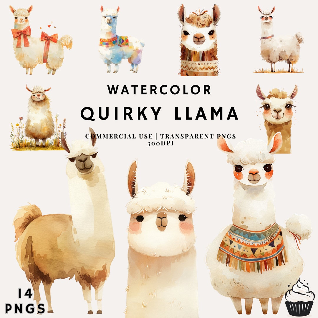 Watercolor Quirky Llama Clipart Bundle | PNG | Commercial Use | Instant ...