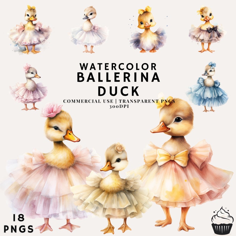 Watercolor Cute Ballerina Duck Clipart Bundle | PNG | Commercial Use ...