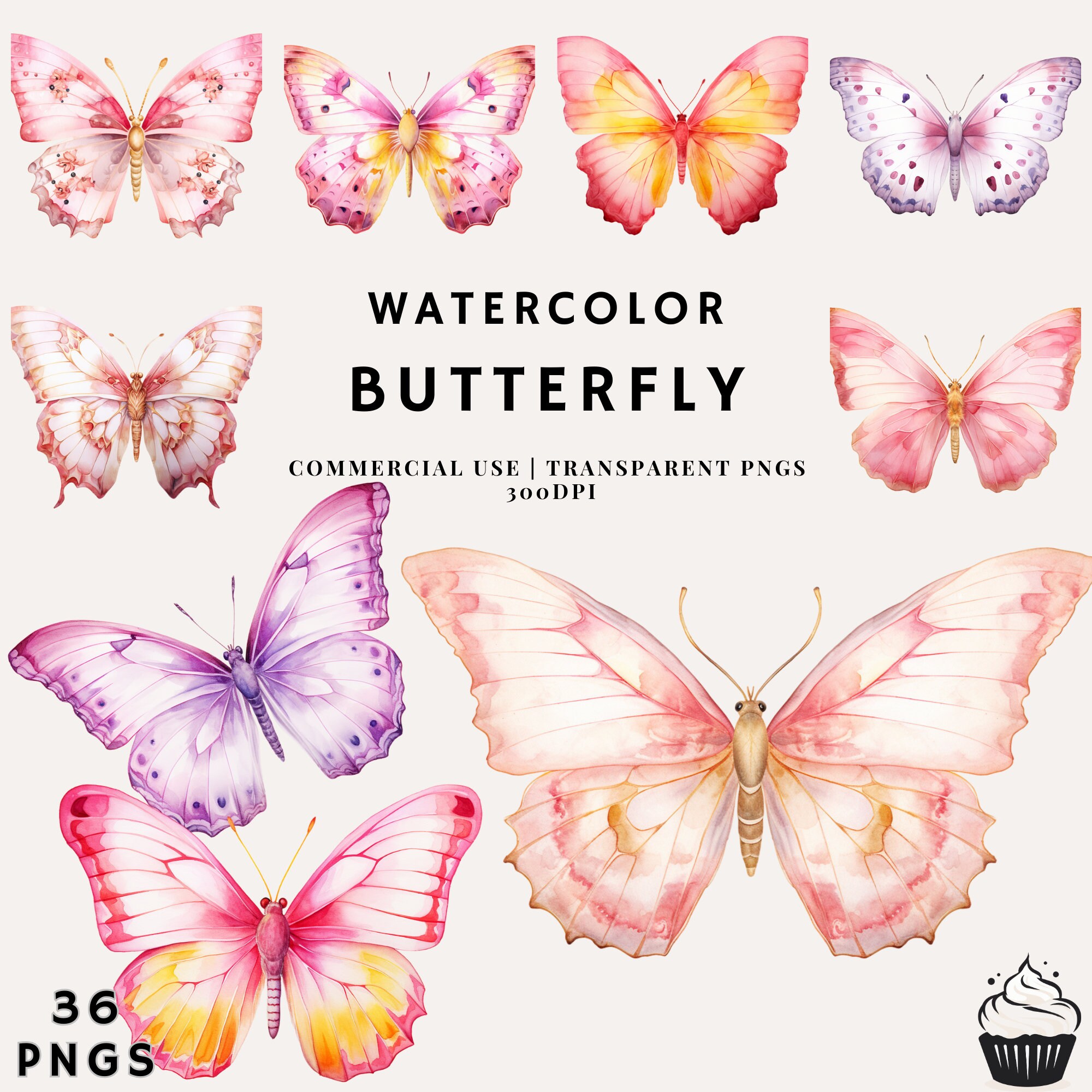 Watercolor Butterfly Clipart Bundle PNG Commercial Use Instant Download ...