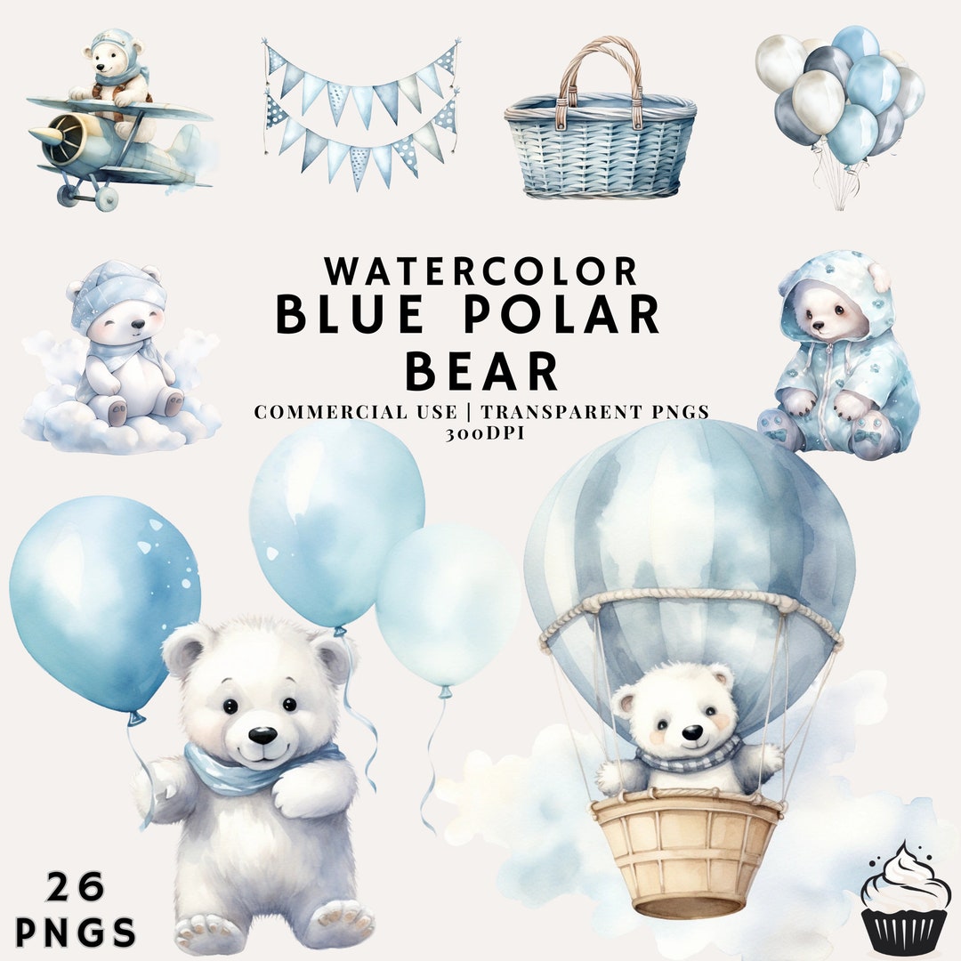 Watercolor Baby Blue Polar Bear Bundle Clipart | PNG | Commercial Use ...