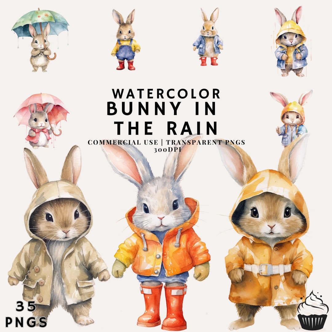 Watercolor Bunnies With Rain Clothes Bundle Clipart | PNG | Commercial ...