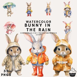 Watercolor Bunnies With Rain Clothes Bundle Clipart | PNG | Commercial ...
