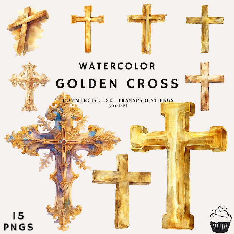 Watercolor Golden Cross Clipart Bundle | PNG | Commercial Use | Instant ...