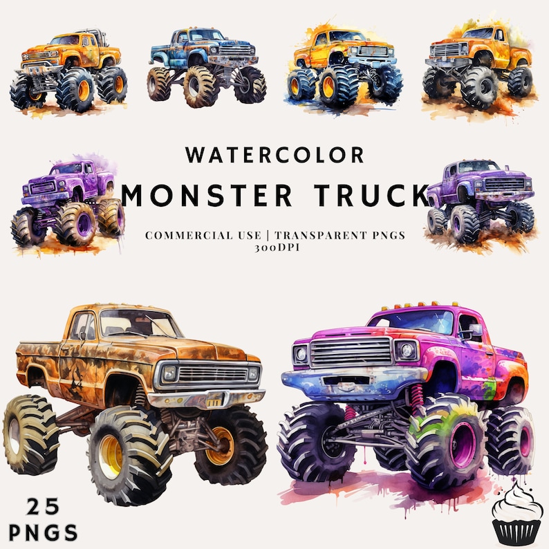Watercolor Monster Truck Clipart Bundle | PNG | Commercial Use ...