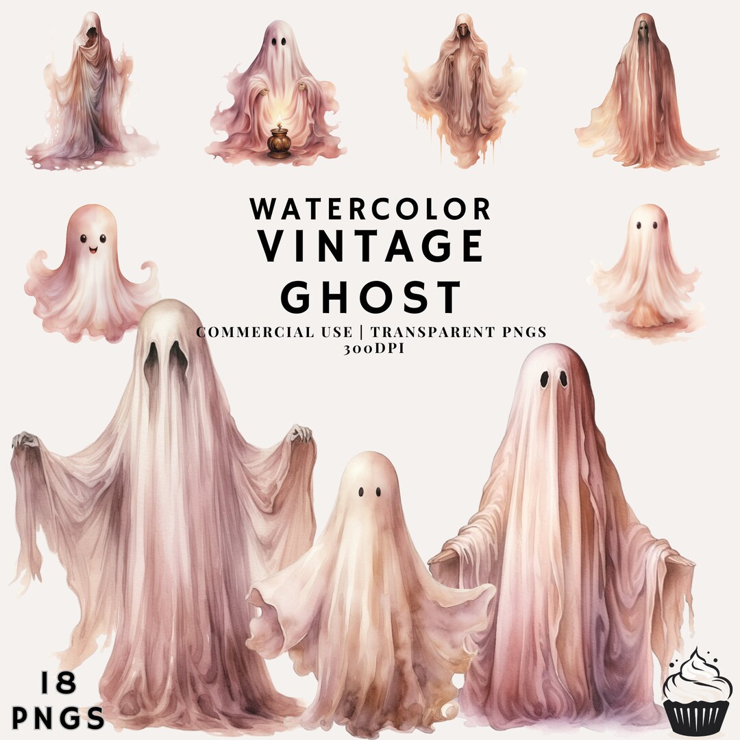 Watercolor Halloween Spooky Vintage Ghost Clipart Bundle | PNG ...