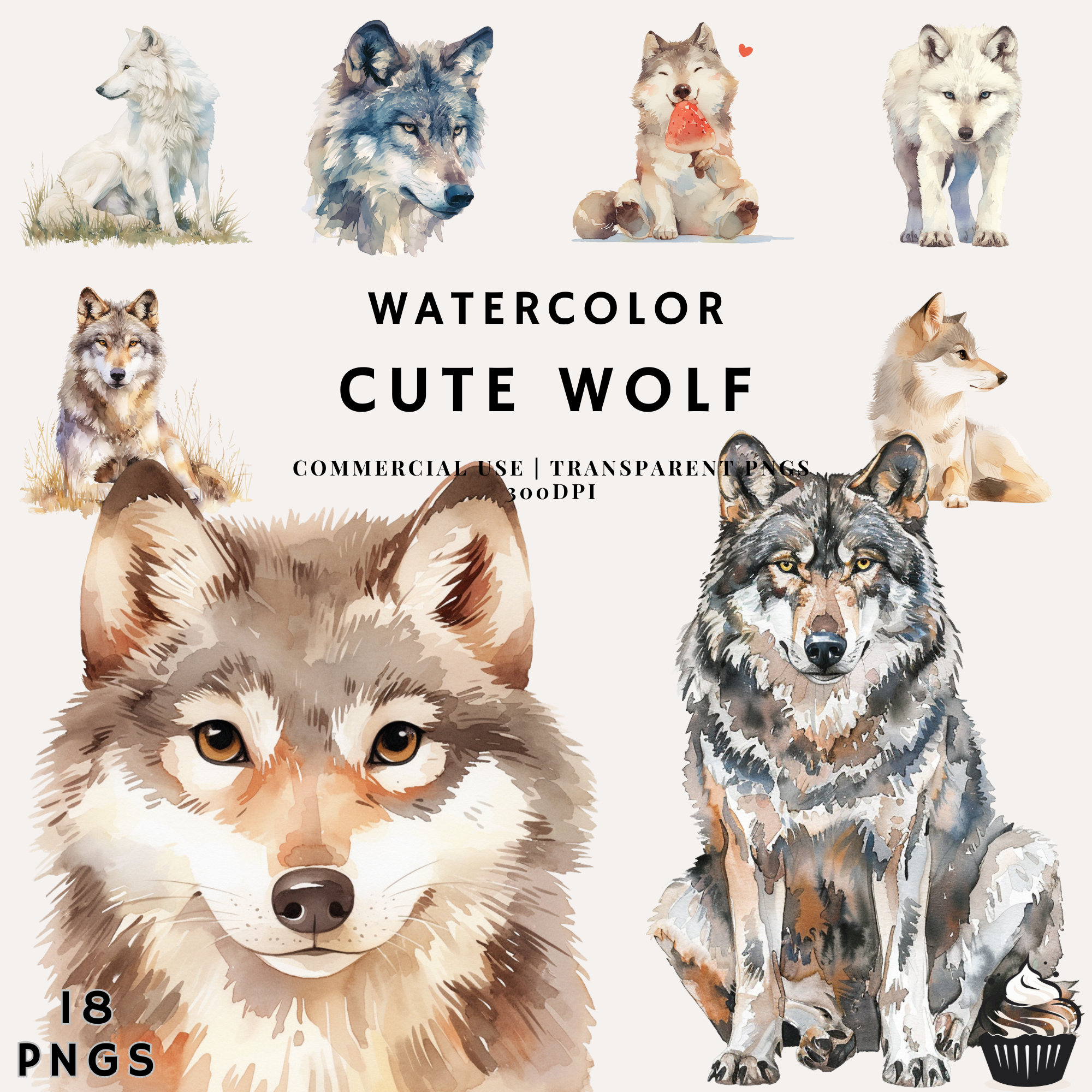 Watercolor Cute Wolf Clipart Bundle PNG Commercial Use Instant Download ...
