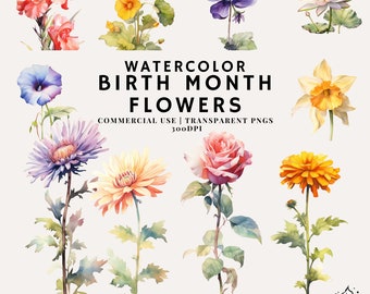 Birth Month Watercolor Flowers Clipart Bundle, Birth Flowers ...