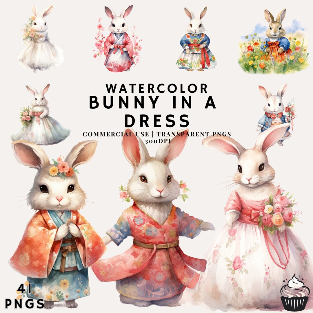 Watercolor Bunnies in a Dress Bundle Clipart | PNG | Commercial Use ...