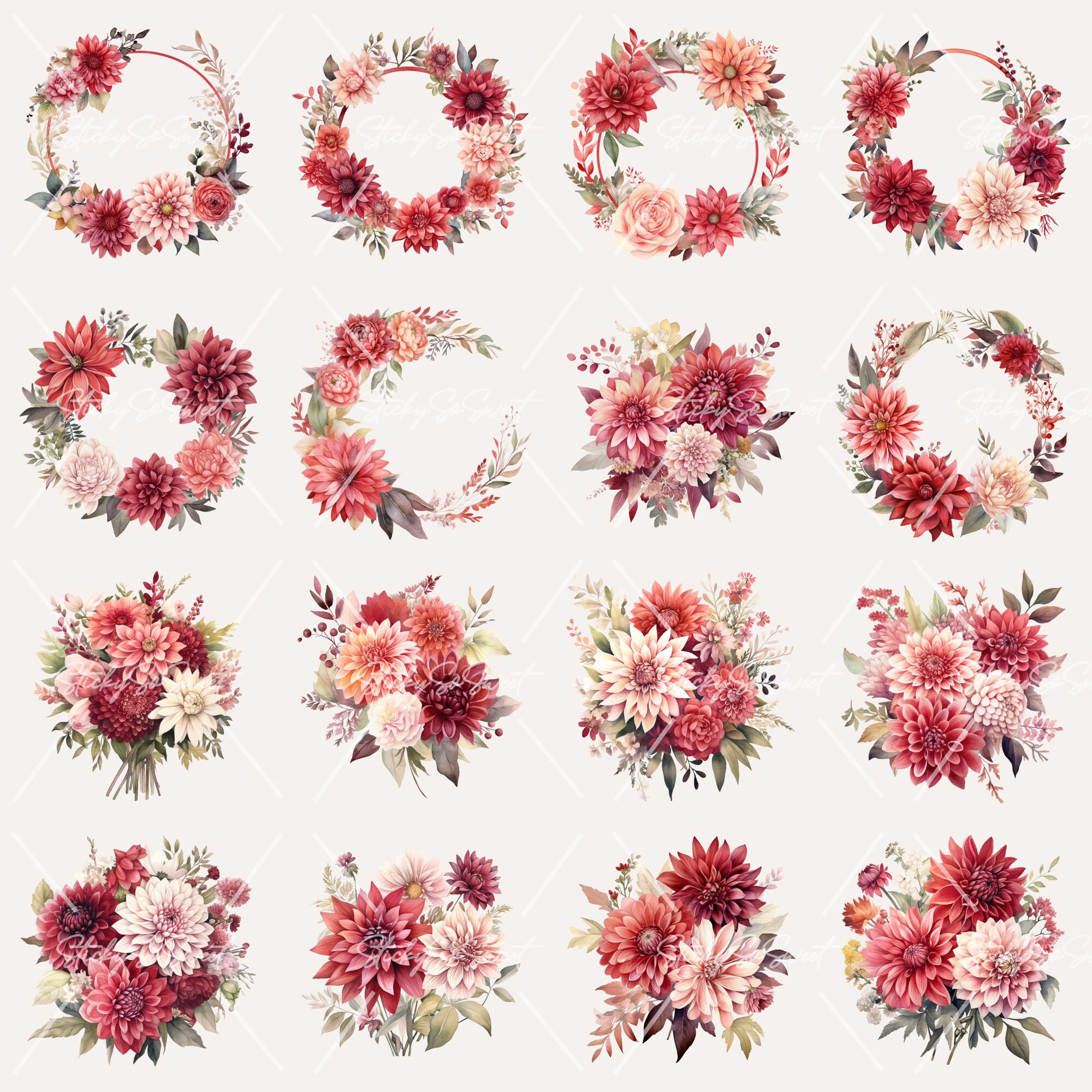 Watercolor Dahlias Flower Bouquet Bundle Clipart | PNG | Commercial Use ...
