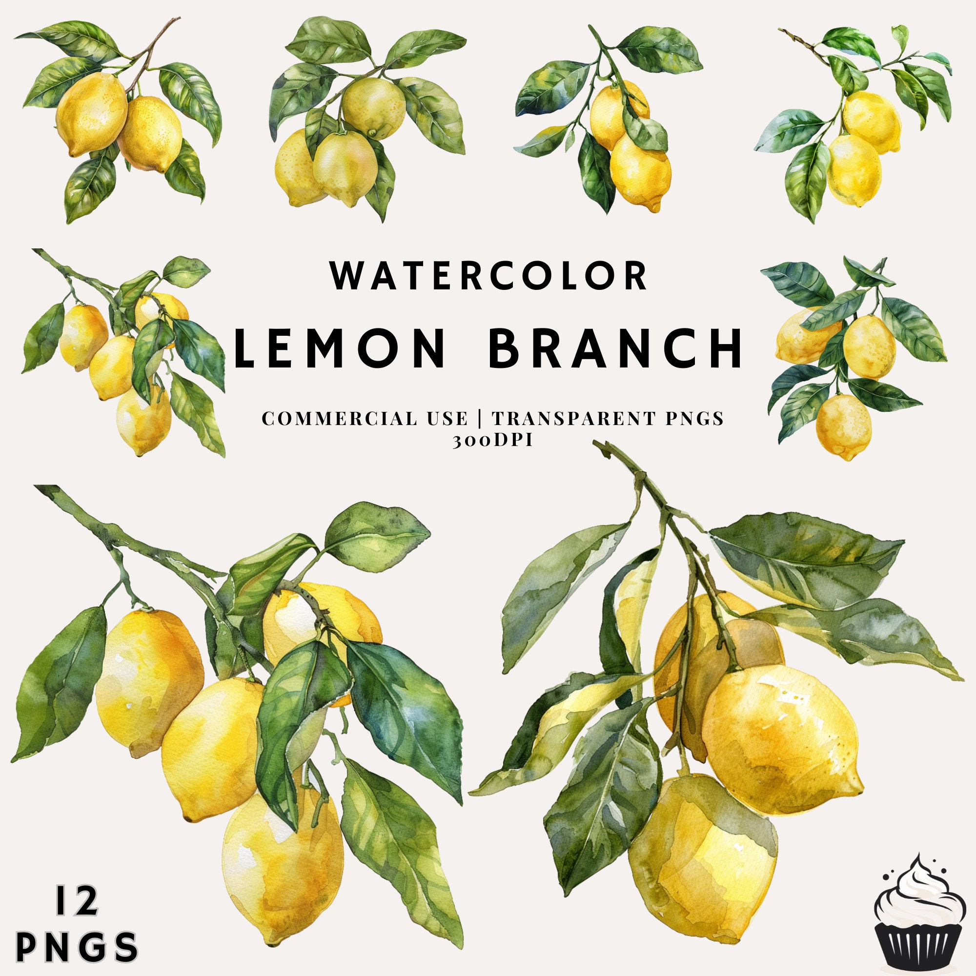 Watercolor Lemon Branch Clipart Bundle | PNG | Commercial Use | Instant ...