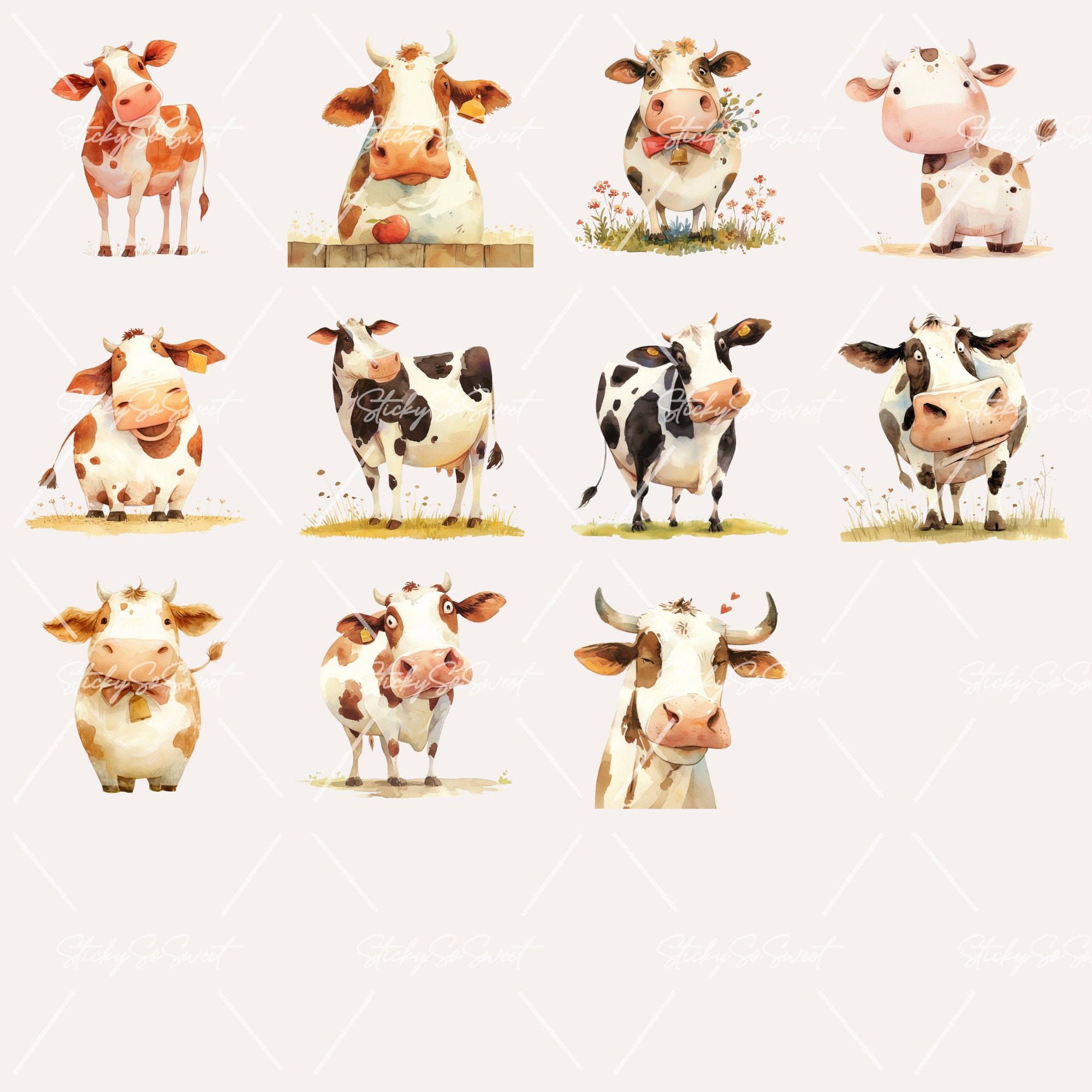 Watercolor Quirky Cow Clipart Bundle | PNG | Commercial Use | Instant ...