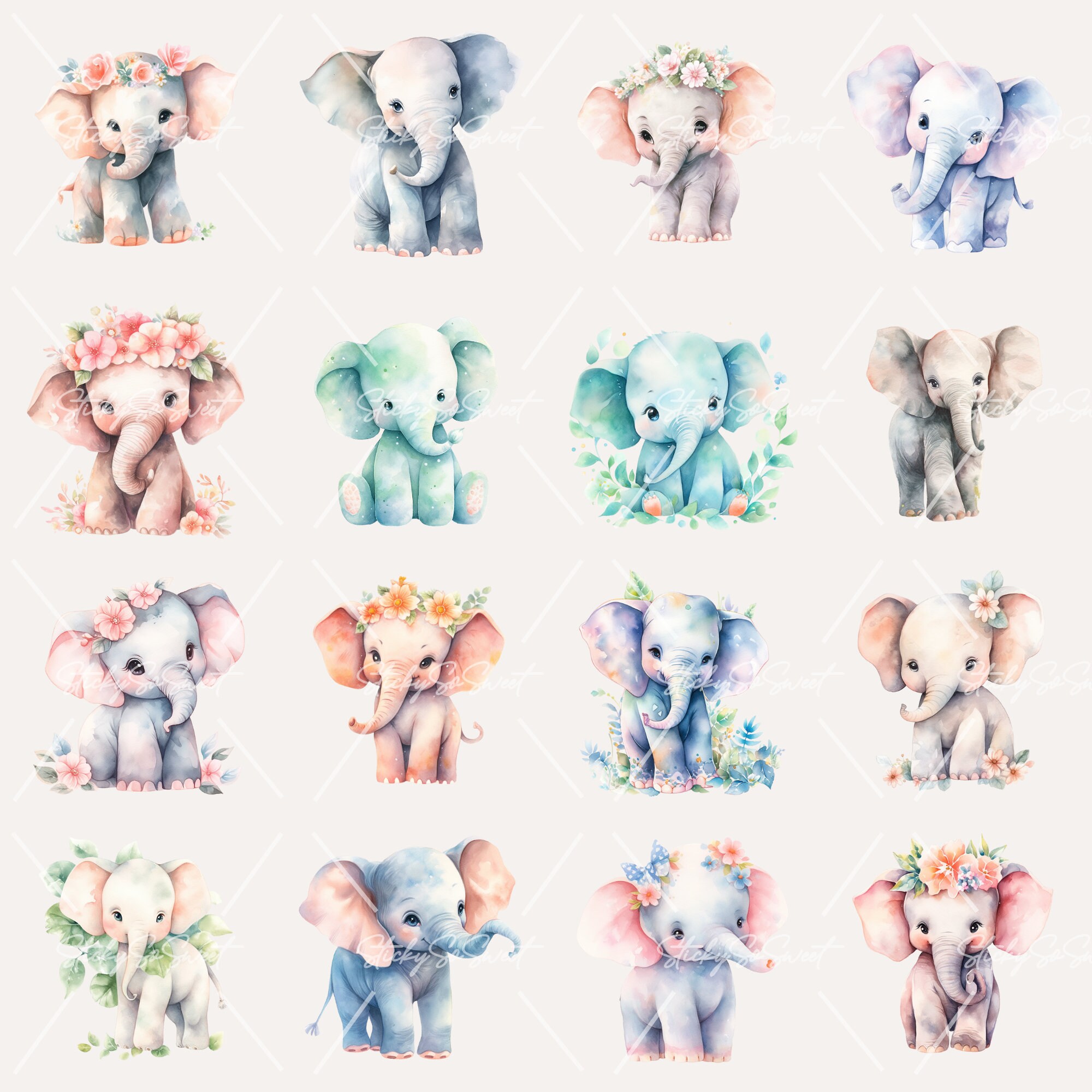 Watercolor Cute Baby Elephant Clipart Bundle PNG Commercial Use Instant ...