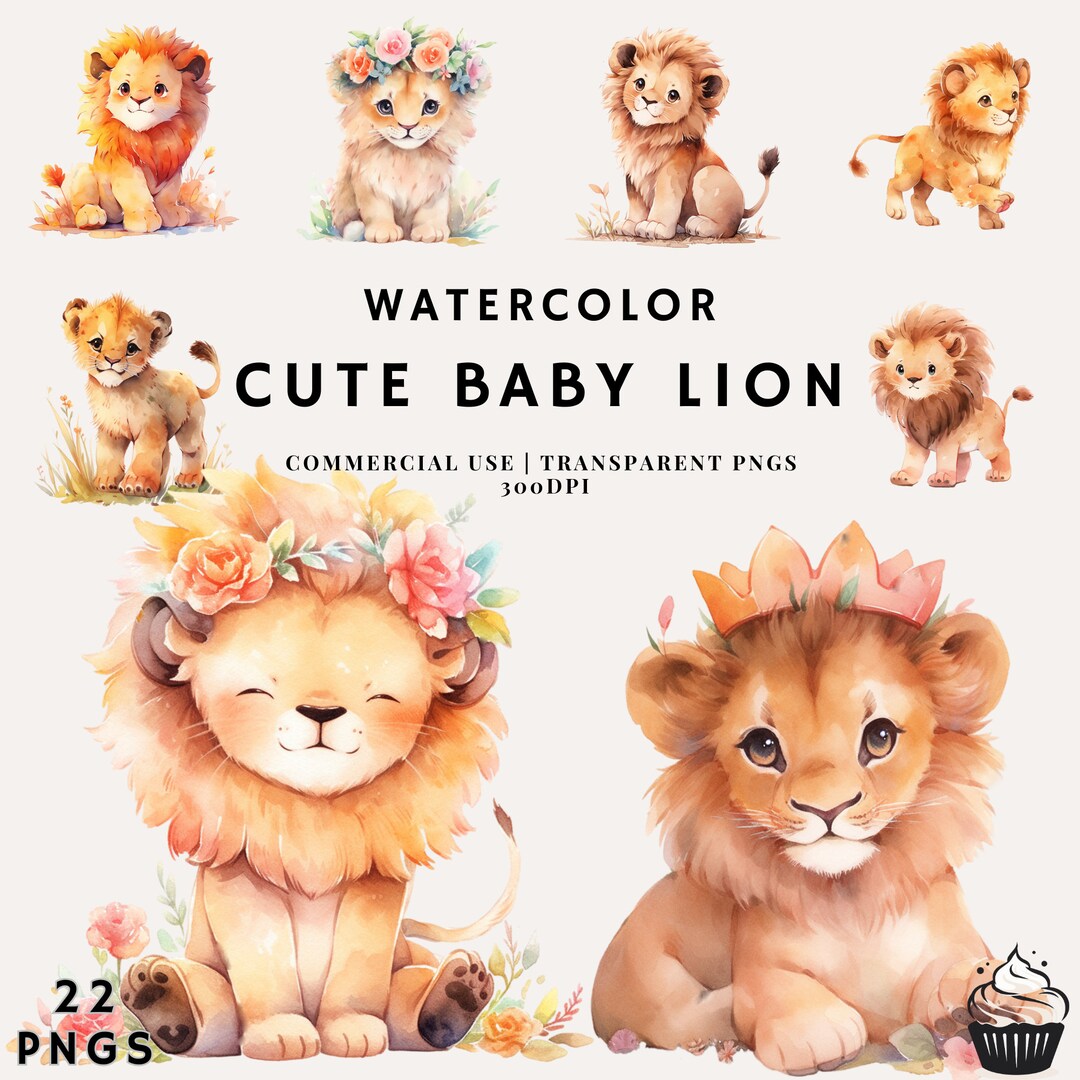 Watercolor Cute Baby Lion Clipart Bundle | PNG | Commercial Use ...