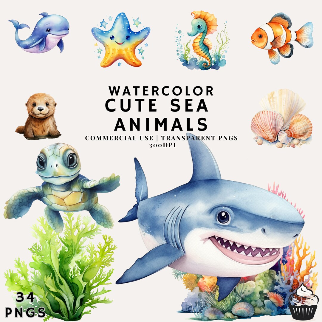 Watercolor Sea Animals Clipart Bundle | Cute Nursery PNG (commercial ...