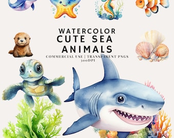 Watercolor Baby Sea Animals Clipart PNG Clipart Bundle, Instant ...