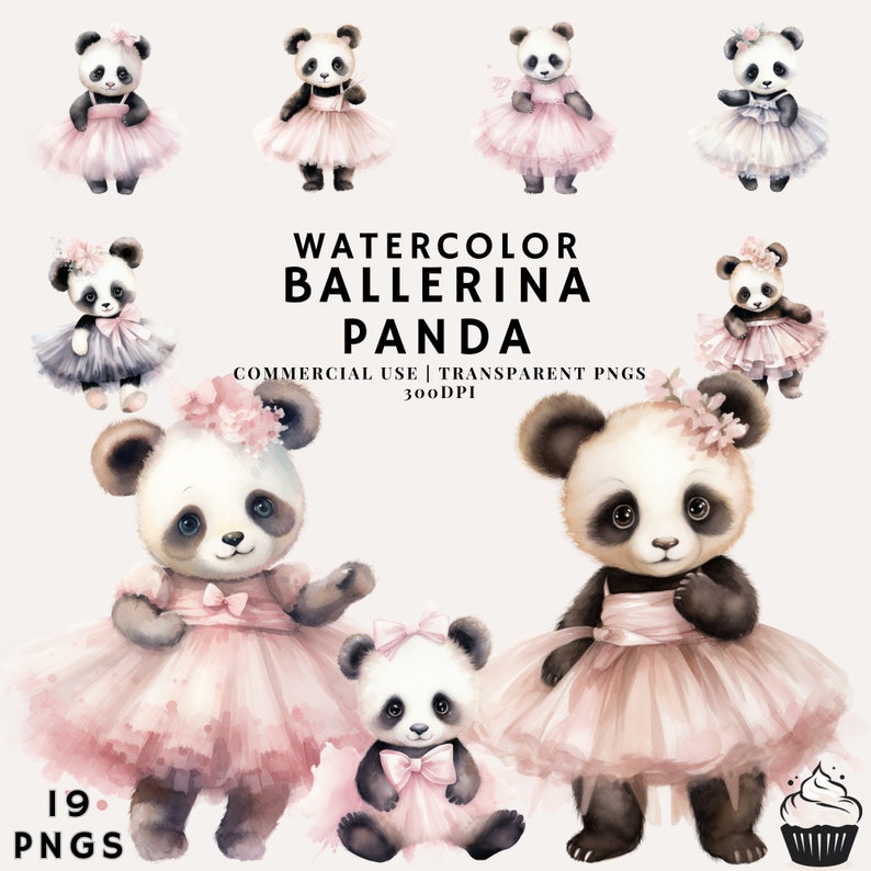 Watercolor Ballerina Panda Clipart Bundle: Pink Tutu PNG (commercial ...