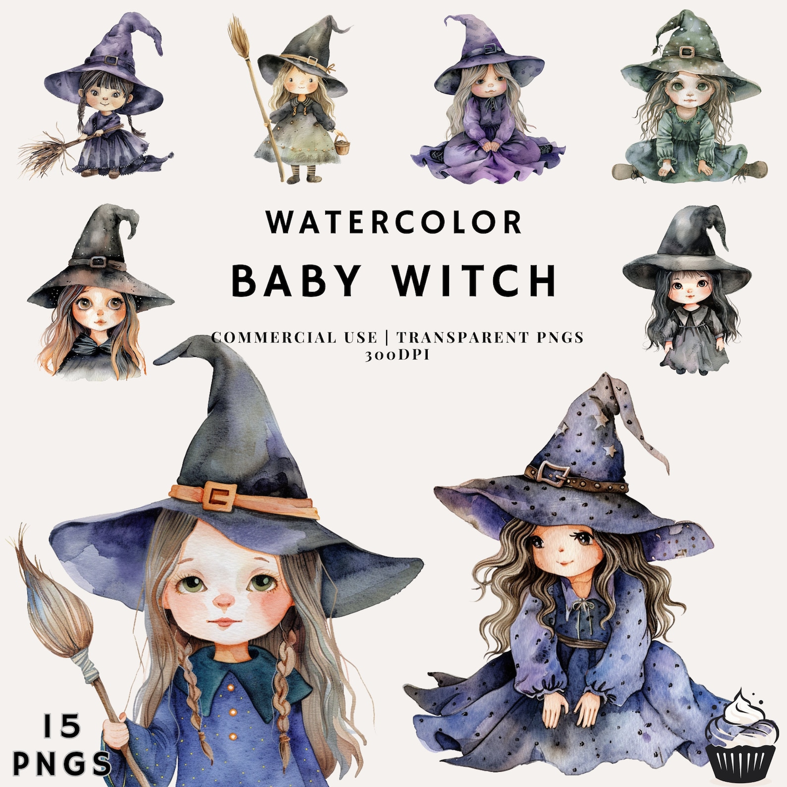 Watercolor Baby Witch Clipart Bundle | PNG | Commercial Use | Instant ...