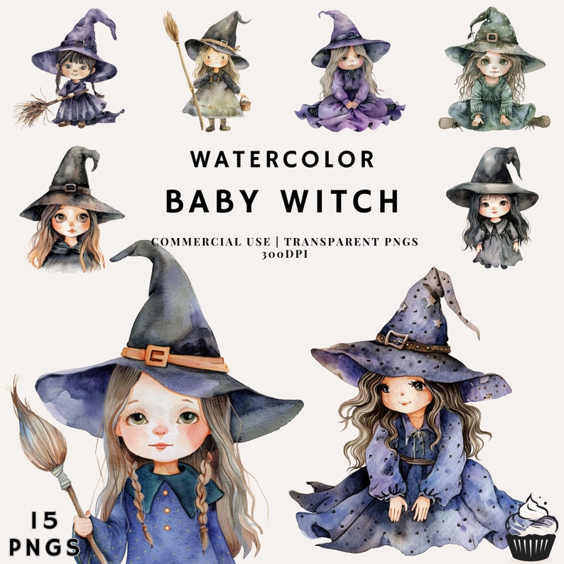 Watercolor Baby Witch Clipart Bundle | PNG | Commercial Use | Instant ...