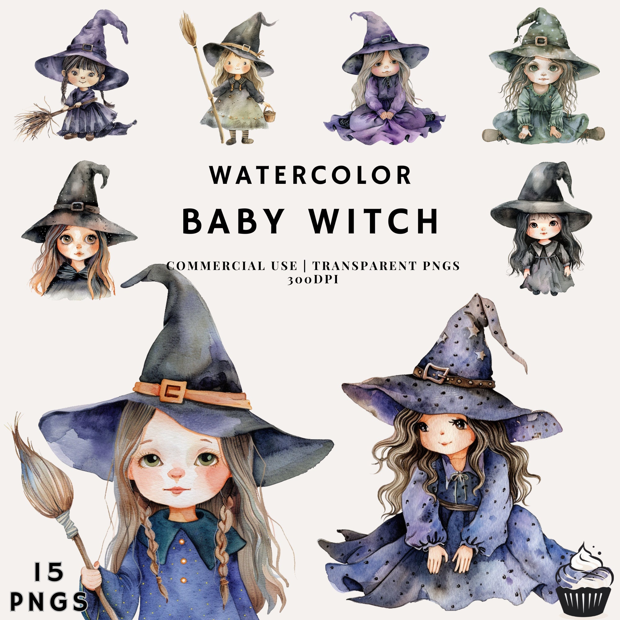 Watercolor Baby Witch Clipart Bundle | PNG | Commercial Use | Instant ...