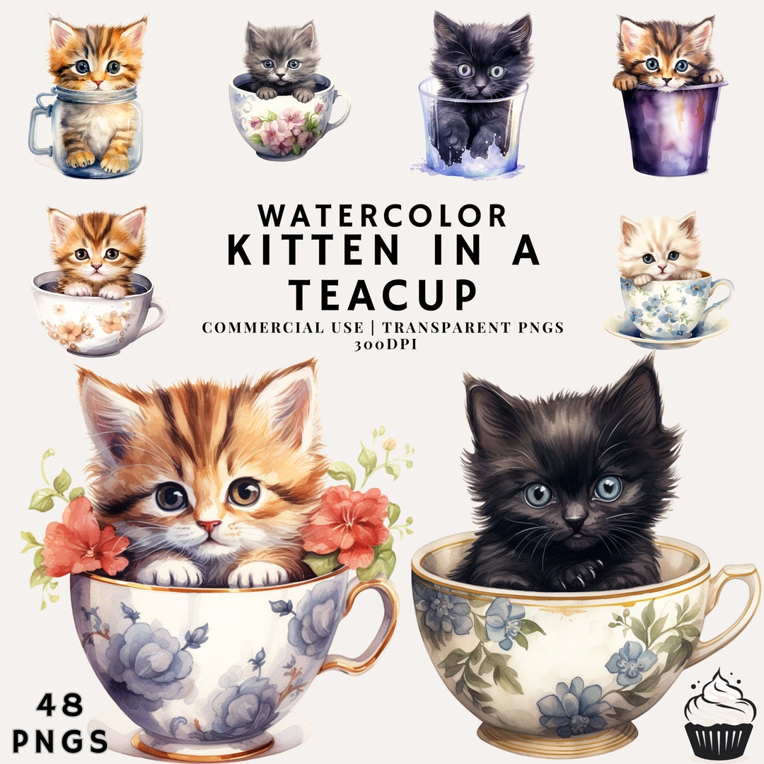 Watercolor Kitten in A Tea Cup Bundle Clipart | PNG | Commercial Use ...