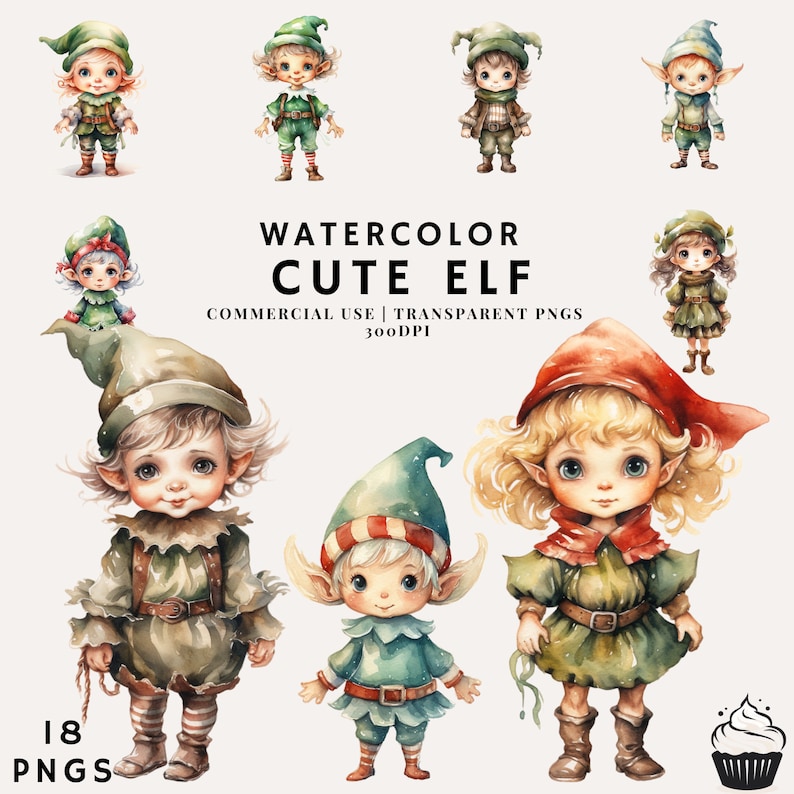 Watercolor Cute Elf Clipart Bundle | PNG | Commercial Use | Instant ...